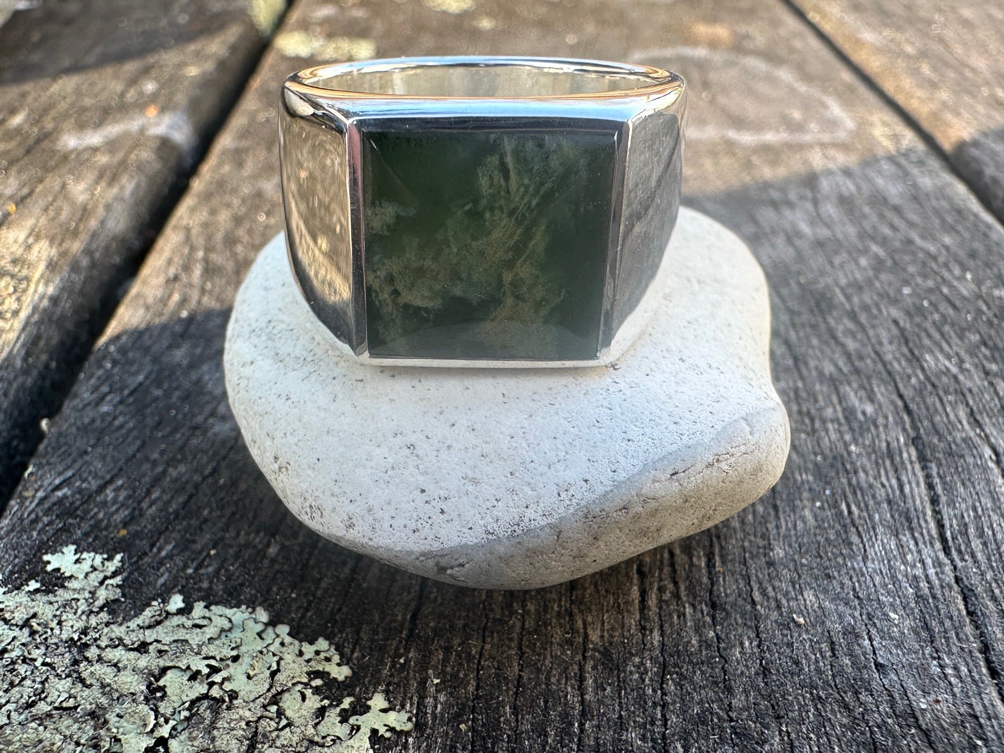 Heavy Marsden Flower & dark greenstone Signet Ring, New Zealand Greens ...